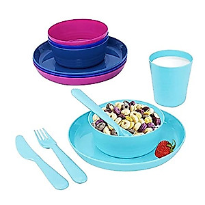 Klickpick Home Plastic Dinnerware Set Of 24 Pieces 4 colors Kids Dinnerware Set Includes, Kids Cups, Kids Plates, Kids Bowls, Flatware Set, Toddler Dishes Set are Reusable, Microwave - Dishwasher Safe