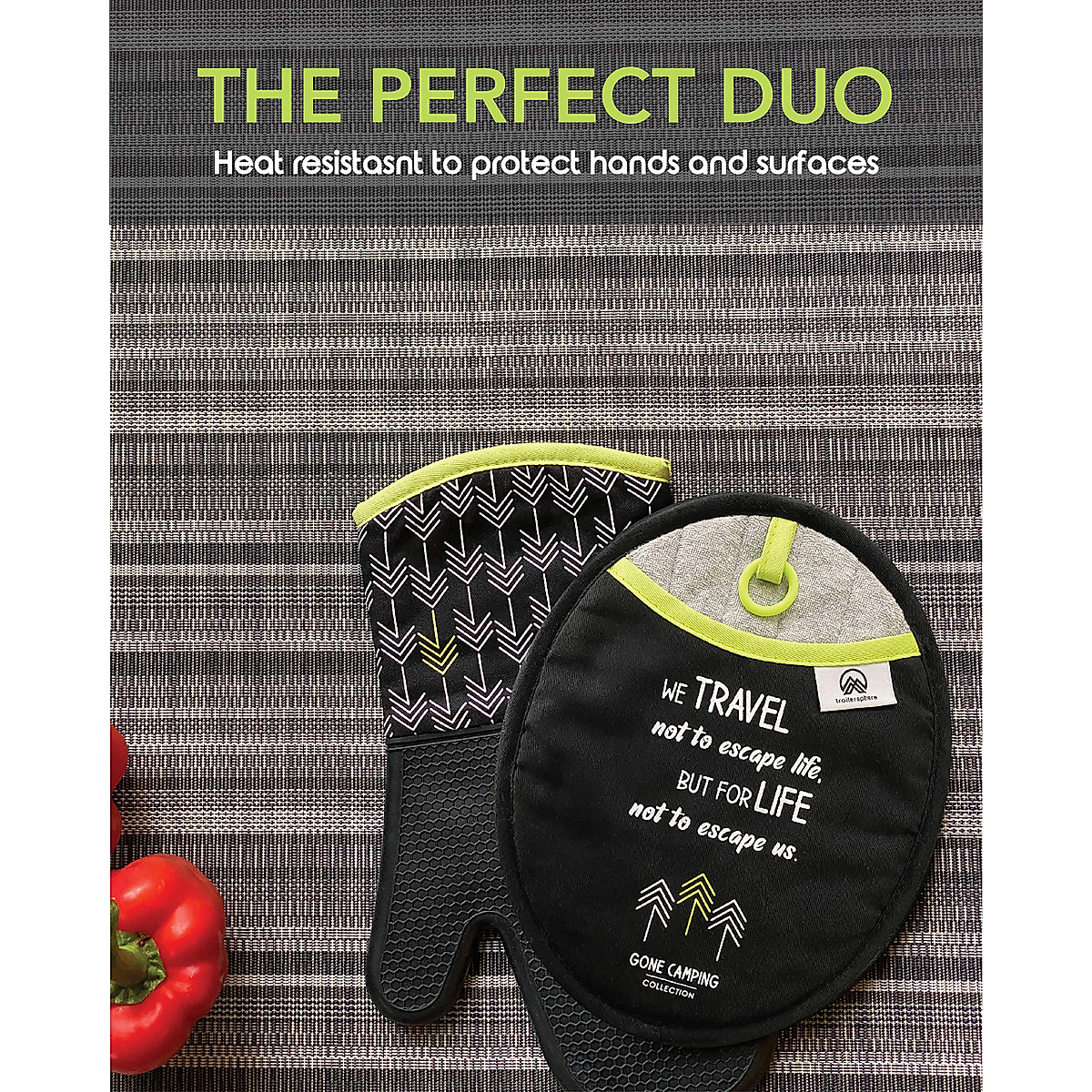 Trailersphere Silicone Oven Mitt and Pot Holder Set, Gone Camping Collection, Non-Slip Grip, Heat Resistant with Hanging Loops, Perfect for RV Kitchens and Camping, Modern and Inspirational Design
