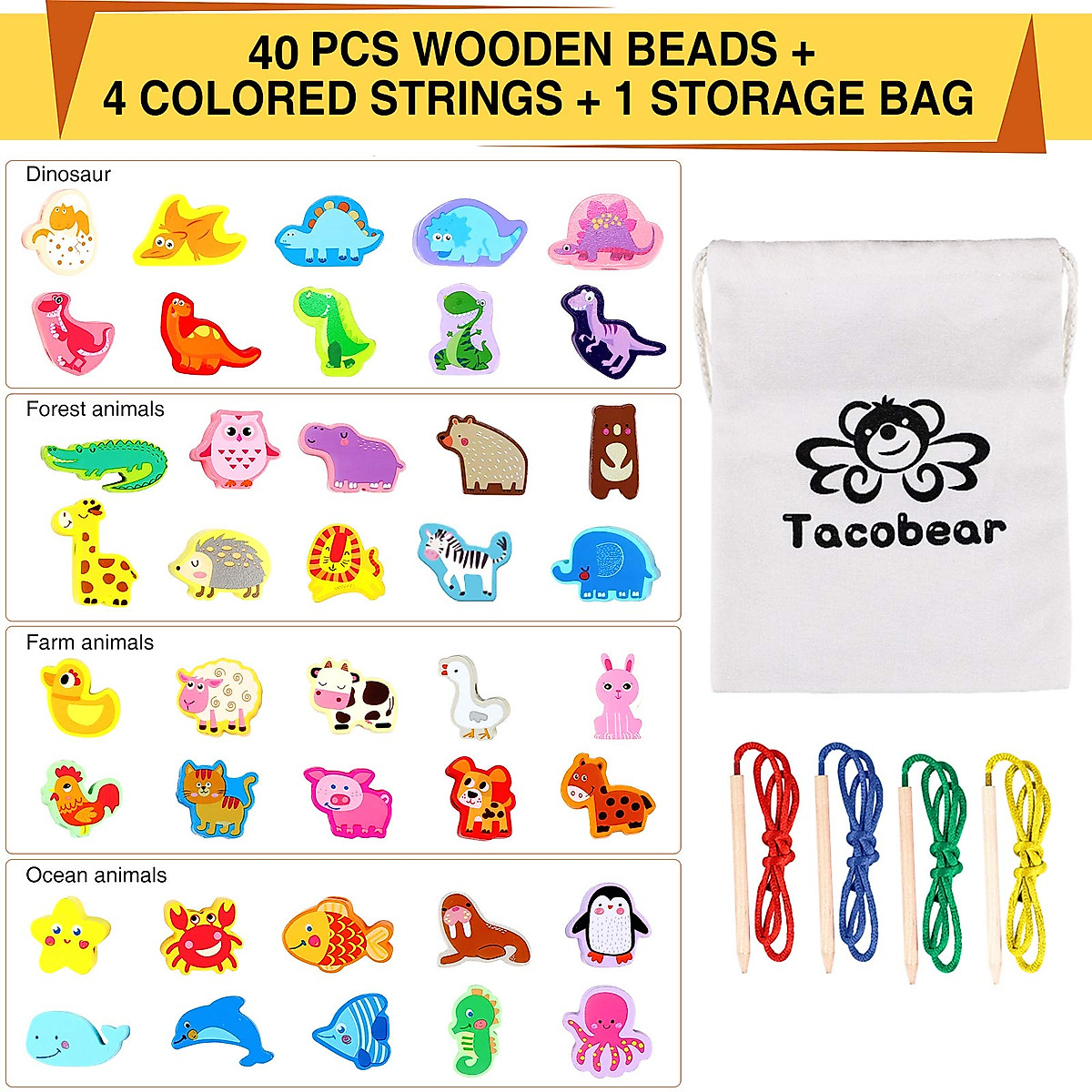 Tacobear Wooden Lacing Beads for Toddlers Montessori Threading String Toys, Dino Safari Farm Sea Animal Preschool Educational Learning Toys Christmas Birthday Gift for Kids 3 4 5 6 Year Old Boys Girls