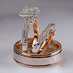 HengSun Promise Rings for Couples Set, 3 pc His and Her Wedding Ring Set, Hypoallergenic Rose Gold Imitation Diamond Ring Set, Cubic Zirconia CZ Bride Promise Rings Set, Size 6-10 (8)