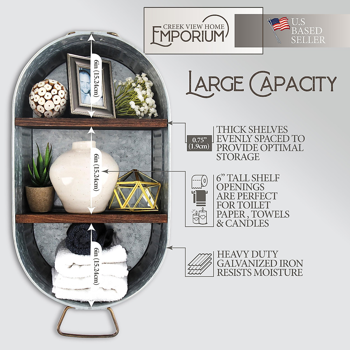 Creekview Home Emporium Rustic Shelf Galvanized Wash Tub Farmhouse Bathroom Wall Decor - 20 Inch Oval Galvanized Cubby Wall Unit with 2 Wood Shelves - Primitive Bathroom Decor with Towel Ring