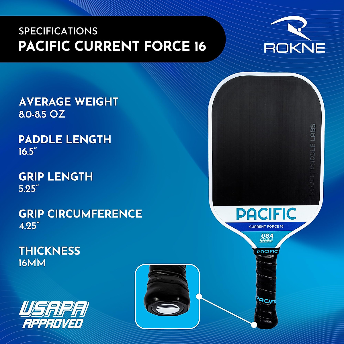 PACIFIC PADDLE LABS Current Carbon Fiber Pickleball Paddle | USAPA Approved Pickleball Paddles | Pro Grit Texture, Max Spin & Comfort | Pickle Ball Paddles Include Pickleball Paddle Cover | 16MM