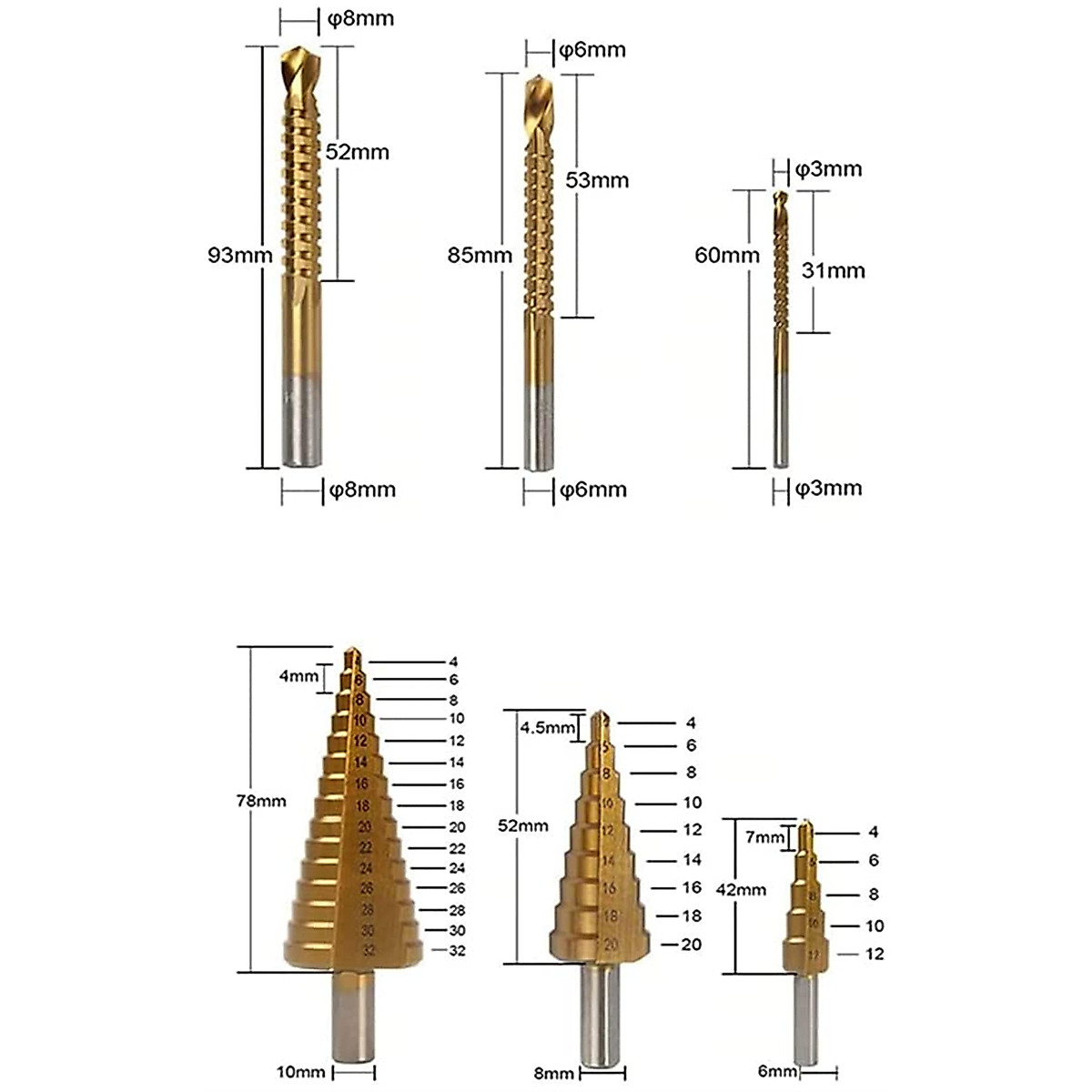 6PCS High-Speed Reaming Pagoda Sawtooth Set,Step Drill Bit Set Cobalt,Multiple Hole Stepped Up Bits for DIY Lover Plastic, Wood, Sheet Metal, Aluminum Hole Drilling