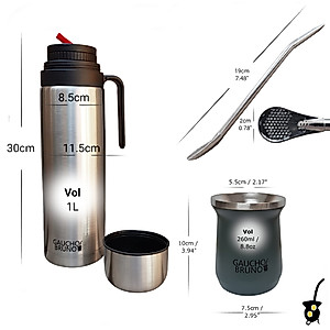 Gaucho Bruno - Stainless Steel Thermal Mate for Drinking Yerba Mate, Bombilla Straw and 1 litre Flask with Pouring Spout | Easy to Clean | Comfortable to Hold | Maintains drink temperature