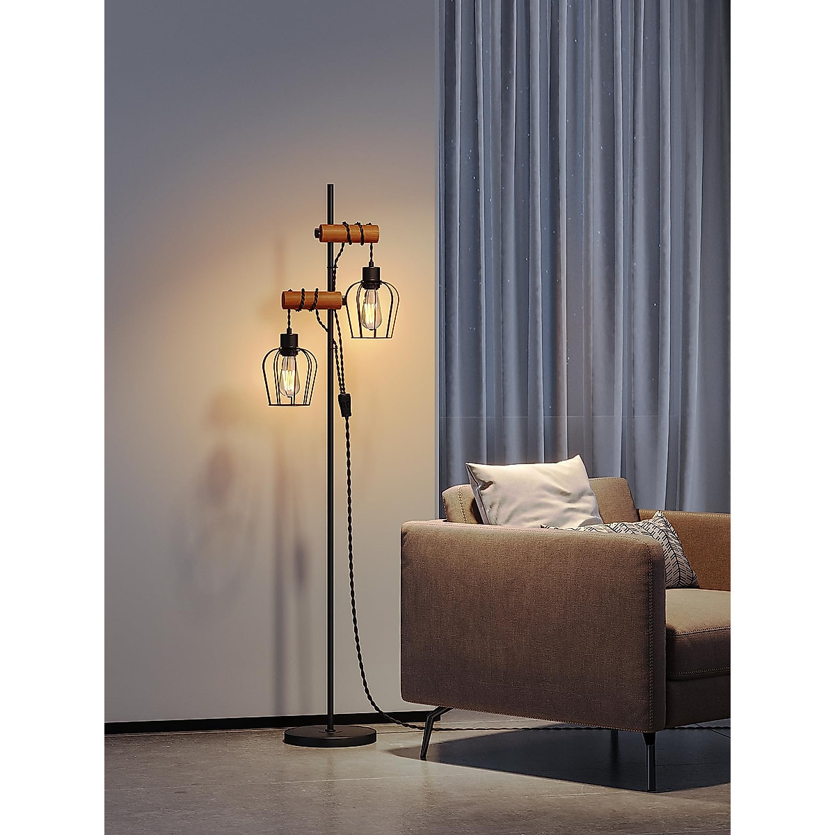 addlon Industrial Vintage Floor Lamp, Ajustable Farmhouse Floor Lamp, Wood Standing Lamp with Sturdy Base Rustic Tall Pole Light, Unique Tree Floor Lamps for Living Room Bedroom Office (2Bulb)