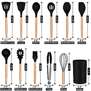 12PCS Cooking Kitchen Utensils, P&P CHEF Silicone Utensil Head with Wooden Handle, Turner, Ladle, Spoon, Spatula, Tong, Brush, and Holder, Heat-resistant & Non-scratch, Non-toxic & Non Smell, (Black)