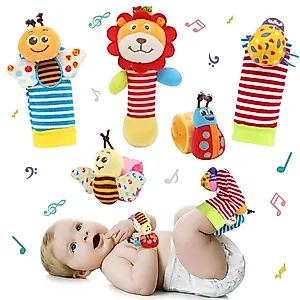 JOYLEX Baby Soft Rattle, Hand Rattle and Socks Toys, Wrist Rattle and Foot Finder, Arm Ring Leg Bell Wear Toy, Infant Plush Toys, Wrist Chew Toy, Gift for Newborn Boy & Girl (4 pcs-B)