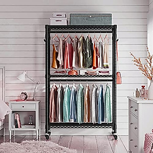 Heavy Duty Clothes Rack 3 Tiers Adjustable Wire Storage Shelves, Portable Clothing Rack with Double Rods and 4 Lockable Wheels, Freestanding Garment Racks with Hanging Hooks, Large Capacity, Black