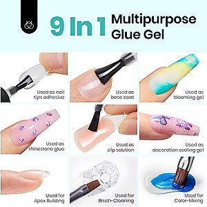 Beetles Gel Polish 9 in 1 Nail Glue with New Formula, 0.5 Fl Oz Super Strong Brush in Nail Gel Glue for False Nails Tips, Rhinestone, Base Gel, Blooming Gel, ect, UV Led Lamp Required