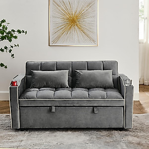 Bellemave Foldable Sofa Bed with Phone Holder, Pull Out Velvet Loveseat Sleeper with 2 USB Charging Ports, Modern Futon Couch with Cup Holders and Adjustable Backrest, for Living Room, Gray