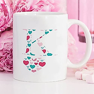 Valentine's Day Love Monogram Letter K Tea Mug Happy Valentine's Day Porcelain Coffee Cup 11oz Love Heart Initials Letter Novelty Mug Custom Name Tea Cup Gift for Wife Women Girls Lovers