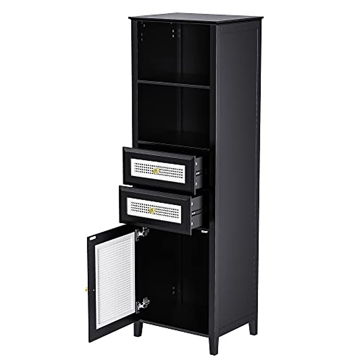 OPTOUGH Boho Style Slim Tall Storage Narrow Bathroom Corner Rattan Door Mid Century Modern Tower Freestanding Cabinet Organizer with Metal Handles for Kitchen, Living Room, Bedroom, Black