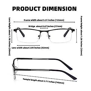 HIGHLIKE 4-Pack Blue Light Reading Glasses for Men, Metal Half Frame Readers Spring Hinge Clear Lens Eyeglasses with Pouches, Semi Rimless 2 Black 2 Gunmetal 2.0 x
