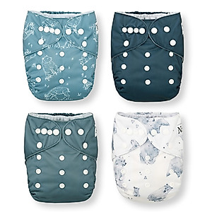Nora's Nursery Cloth Pocket Diapers 4 Pack with 4 Inserts - Waterproof Cover, Washable, Reusable & One Size Adjustable Pocket Diapers for Newborns and Toddlers - Mama Bear