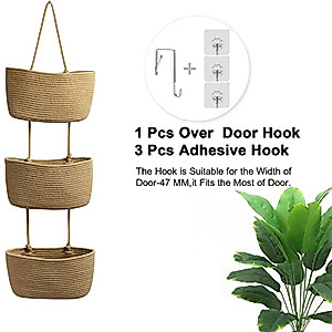 TeoKJ Over the Door Hanging Basket, 3-Tier Woven Cotton Wall-Mounted Storage Organizer Bag Decorative Hanging Kitchen Baskets - Jute