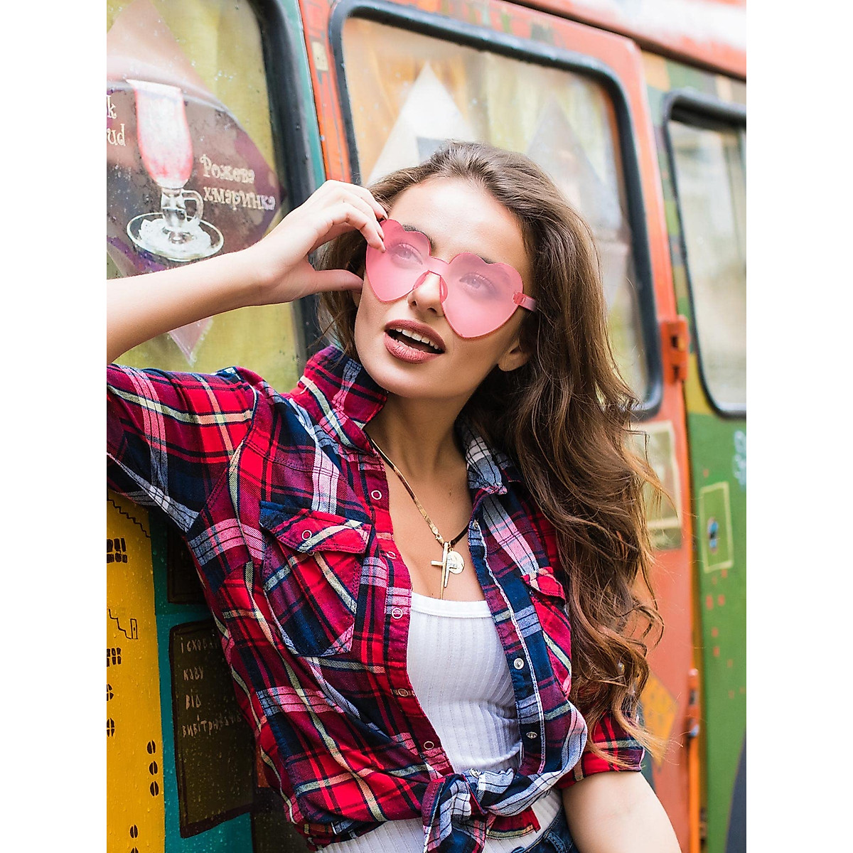 Dunzy 100 Pairs Heart Shaped Sunglasses Rimless Heart Sunglasses Candy Color Eyewear Party Wedding Glasses(Colorful)