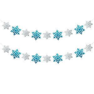 SaktopDeco Blue Silver Glitter Snowflake Banner Winter Snowflake Garland Hanging Christmas Party Decorations Pack of 2