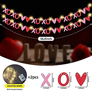 Happy Valentines Day Banner and Red Pink Glittery Heart Garland Banner Valentines Day Decorations Conversation Candy Hearts Banner, 20 Valentines Day Heart Sayings Pre-strung Garland Decorations (Style 2)