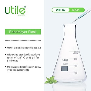 Utile Glass Erlenmeyer Flask Set, 250ml Narrow Mouth Erlenmeyer Flasks, 6pcs of Borosilicate 3.3 Glass Conical Flasks for Laboratory with Printed Graduation, 4016.0250.6