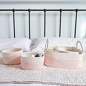 OrganiHaus Pink Baby Changing Basket | Nursery Storage Baskets for Shelves | Cotton Rope Basket w/Handles | Cloth Basket for Toys | Towel Basket Bins | Set of 3 Small Woven Basket for Storage