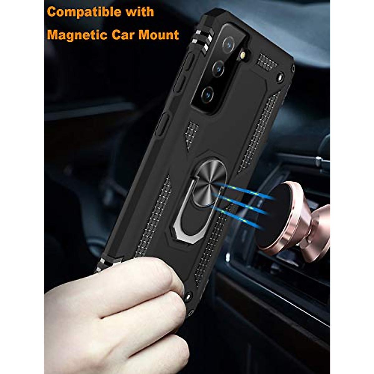 IKAZZ Galaxy S21 Case,Samsung S21 Cover Military Grade Shockproof Heavy Duty Protective Phone Case Pass 16ft Drop Test with Magnetic Kickstand Car Mount Holder for Samsung Galaxy S21 Black