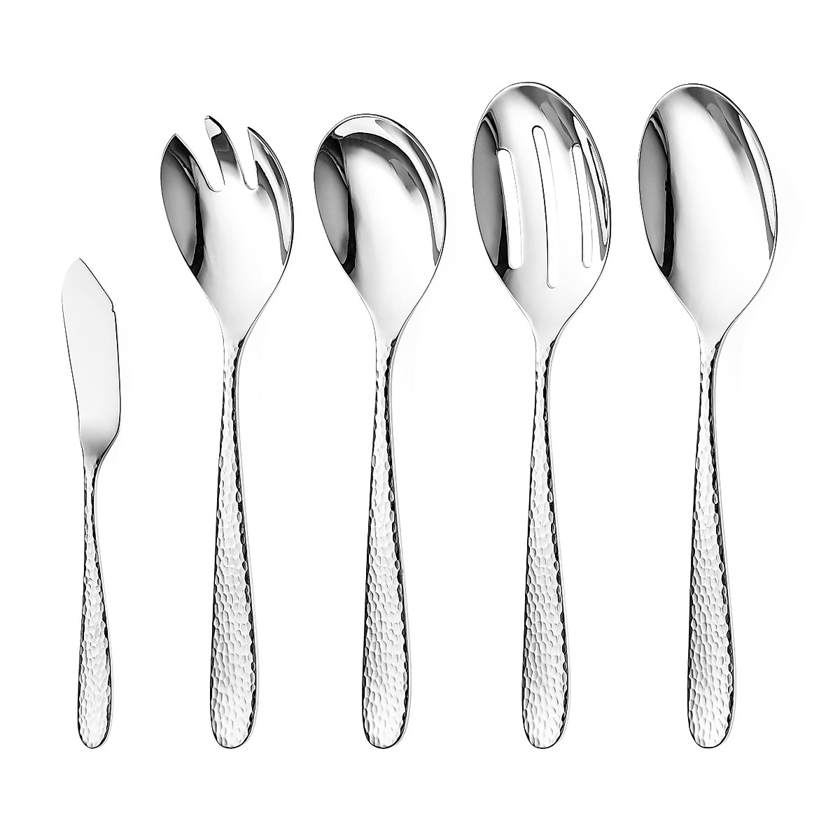 DANIALLI 10 Piece Serving Set, 18 10 Stainless Steel Hostess Set, Slotted Serving Spoon, Serving Spoon, Salad Serving Spoon/Fork, Butter Knife, Fidenza Hammered Set, Dishwasher Safe (Mirror Polished)