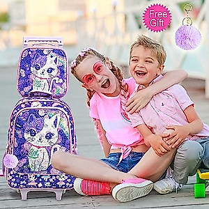 UFNDC 4PCS Rolling Backpack for Girls, Kids Cat Sequin Wheeled Bookbag ，Travel Roller School Bag with Wheels