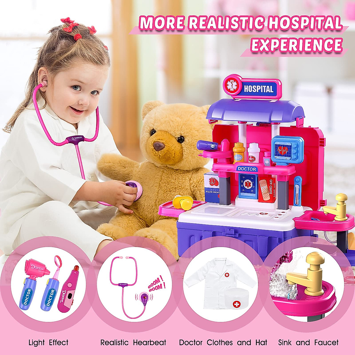 Toy Doctor Kit for Girls: Pretend Play Kids Doctor Set with Electronic Stethoscope Dress Up Doctor Costume Carrying Storage Case - Role Play Toys Medical Kit for Toddler Boys Girls
