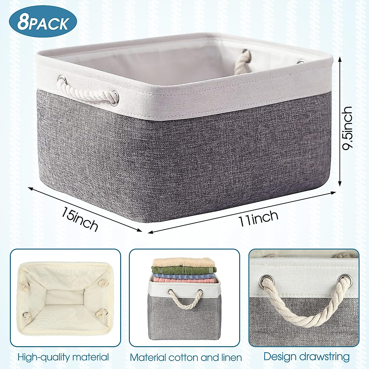 meekoo 8 Pack Collapsible Storage Bins Fabric Storage Bins Polyester Fabric Storage Baskets with Handles Linen Closet Organizer for Shelf Home Closet Towels Toys (Gray White,15 x 11 x 9.5 In)