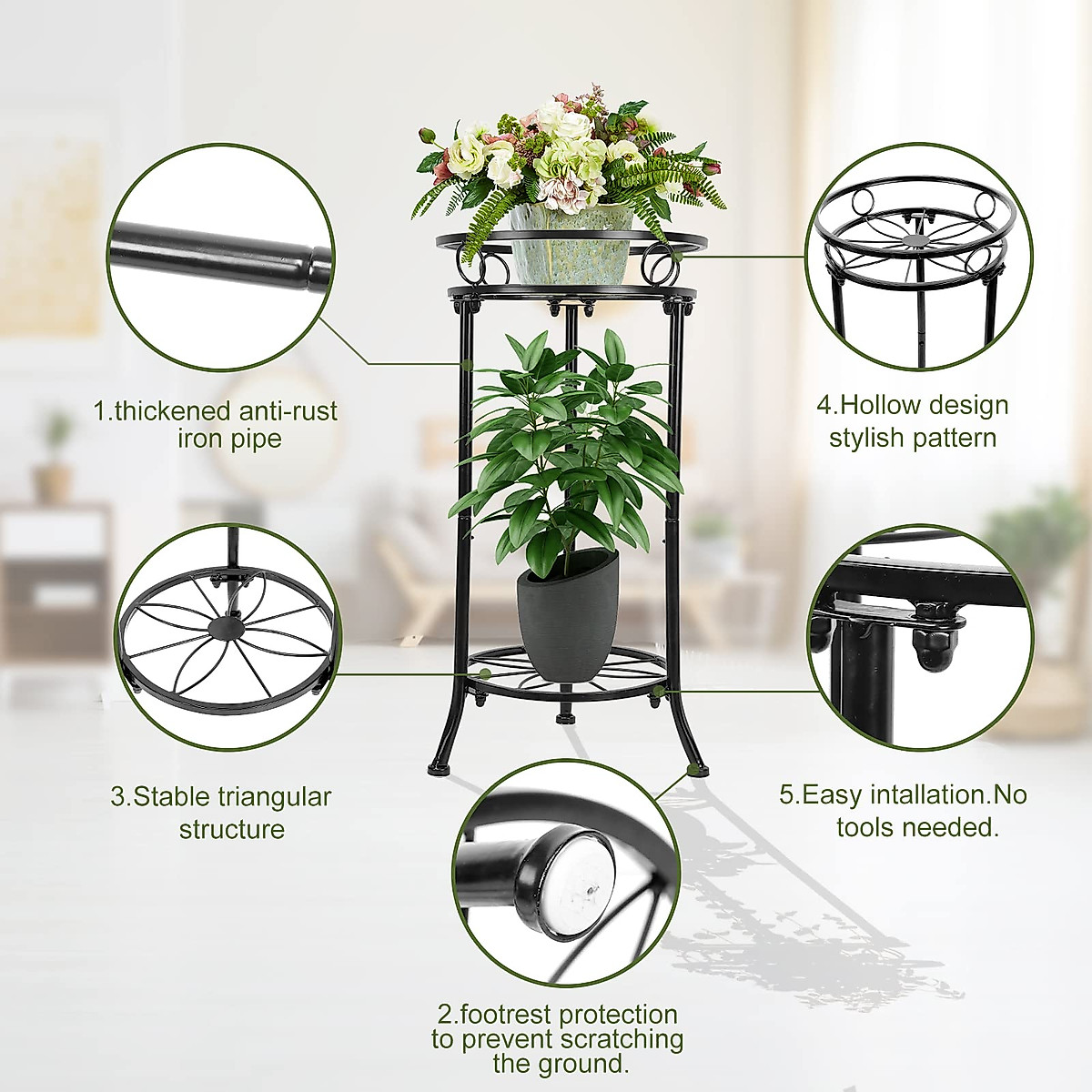 Plant Stands Indoor,Tall Metal Potted Plant Display Holder 2 Tier Patio Flower Pot Stands Anti-Rust Heavy Duty Multiple Stand Holder Shelf Rack(20.3'')