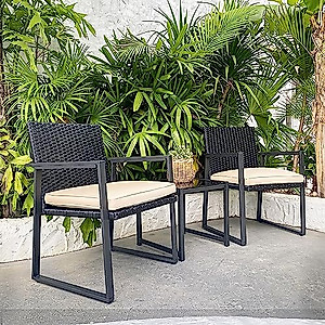 SUNLEI Outdoor 3-Piece Bistro Set Black Wicker Furniture-Two Chairs with Glass Coffee Table (Beige)