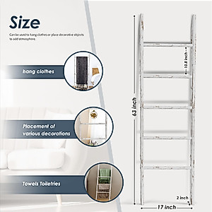5-Tier Blanket Ladder Wooden, 5.3FT(63'') Blanket Quilt Holder Rack Decorative Ladder, Easy Assembly, Rustic Farmhouse Ladder Shelf for The Living Room Bedroom Bathroom Home Decor, White Wash