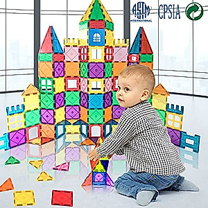 LATI 130 pcs Magnetic Tiles, Magnet Building Blocks for Kids STEM Construction Set Clear Imagination Inspirational Educational Toddler Boys Girls Kids Toys for 3 4 5 6 7 8 Years with 2 Cars