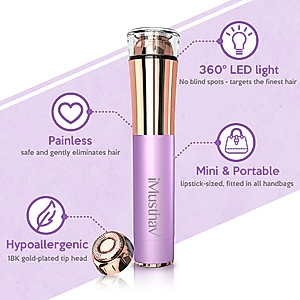 Mini Portable Facial Hair, Lips and Chin Removal Trimmer for Women, Facial Painles Epilator Pen, 18K gold-plated 13mm hypoallergenic rotary head. 360° LED light for Instant and Painless Hair Removal
