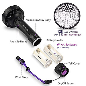 GLOSSDAY Blacklight Flashlight,128 LED UV Flashlights, Upgraded Bright Ultraviolet Flashlight Professional Black Light for Dog/Cat, Hunting Scorpions