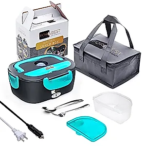 FORABEST Electric Lunch Box Food Heater 2-In-1 Portable Food Warmer Lunch Box for Car & Home – Leak proof, 2 Compartments, Removable 304 Stainless Steel Container, SS fork & spoon and Carry Bag
