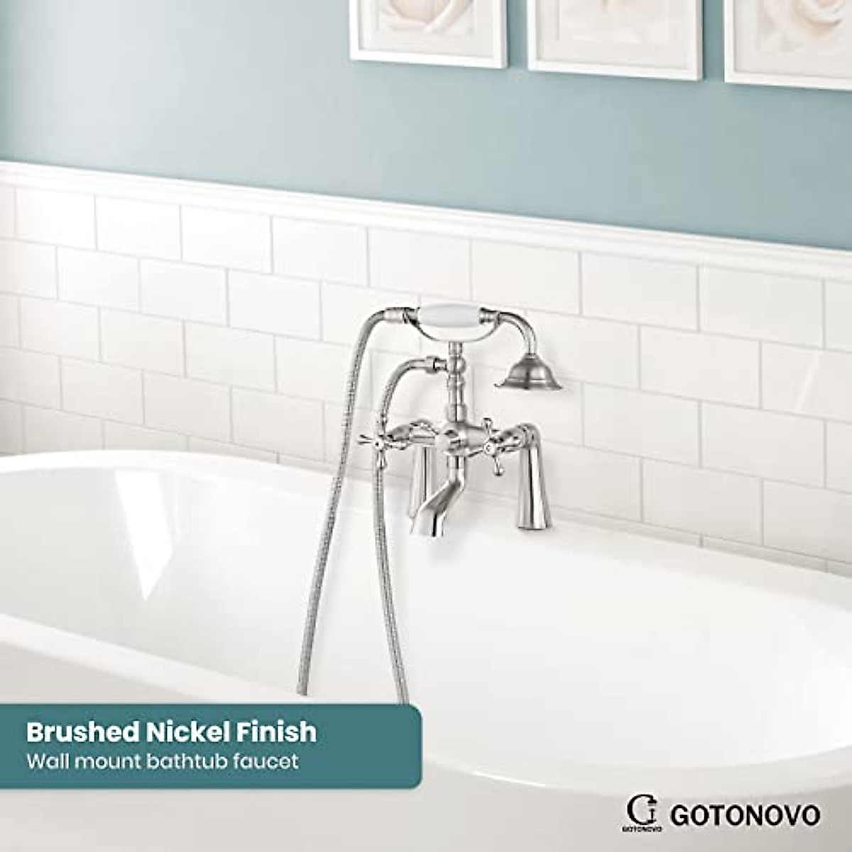 gotonovo Deck Mount Tub Bathtub Faucet Clawfoot with Handheld Shower 6 Inch Brushed Nickel Telephone Shaped Sprayer Showerheld Double Cross Handle