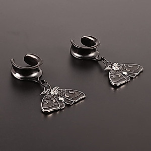 Atomhole 2 PCS Ear Gauges Black Butterfly Dangle Saddle Ear Tunnels Hypoallergenic 316 Stainless Steel Ear Hangers Plugs Piercing Body Jewelry (10mm(00G), Black)