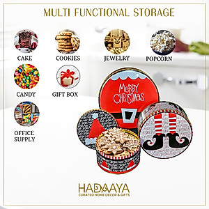 hadaaya Pack of 3 Round Metal Nesting Tins – Stackable Storage Containers with Lids for Kids' Cookies, Candy, Snacks, Crafts & Kitchen – Fun Xmas Elf Hat Design