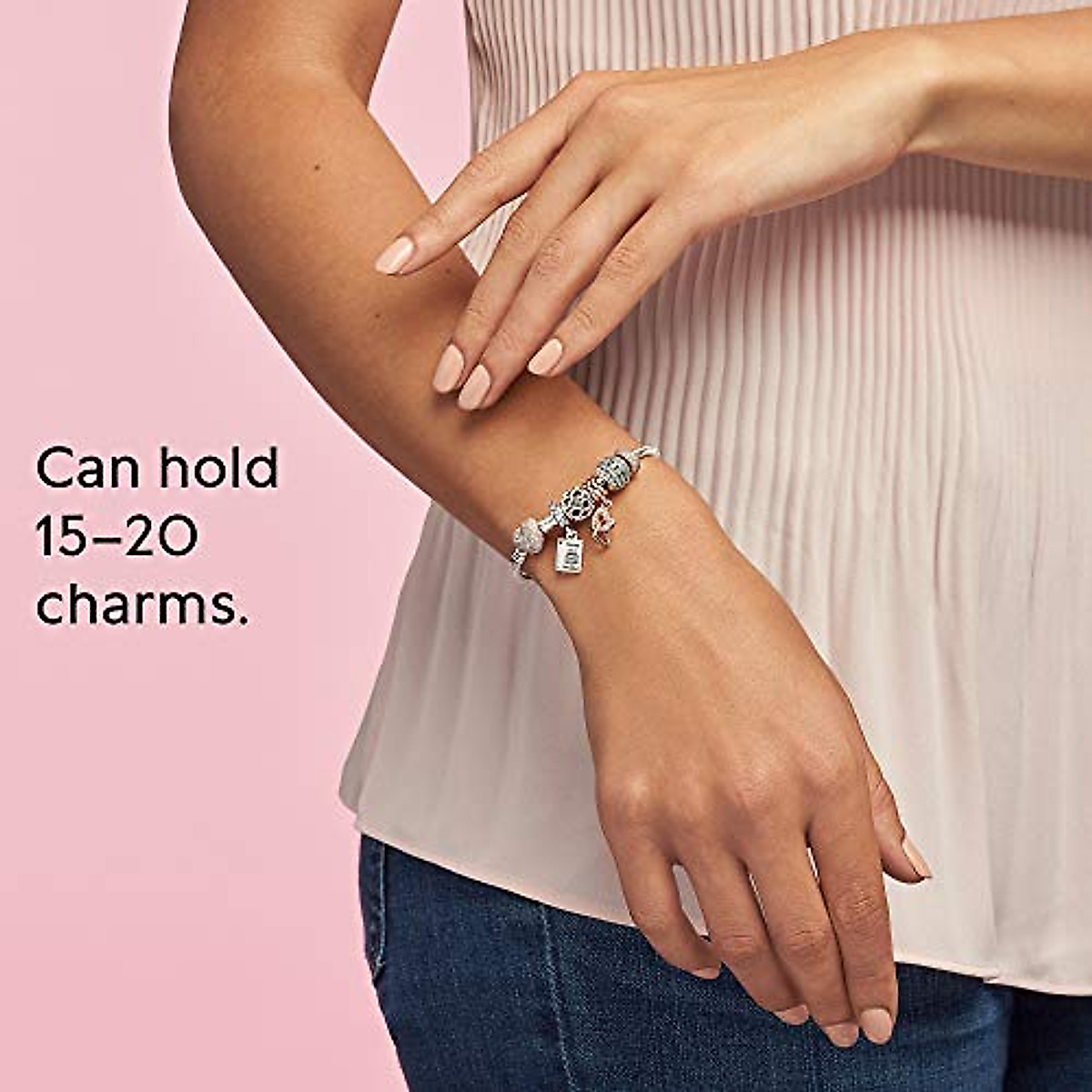 Pandora Jewelry - Moments Pave Heart Clasp Snake Chain Cubic Zirconia Bracelet - Gift for Her - Pandora Rose - 6.7"