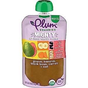 Plum Organics Mighty 4 Organic Toddler Food - Guava, Banana, Black Bean, Carrot, and Oat - 4 oz Pouch (Pack of 12) - Organic Fruit and Vegetable Toddler Food Pouch