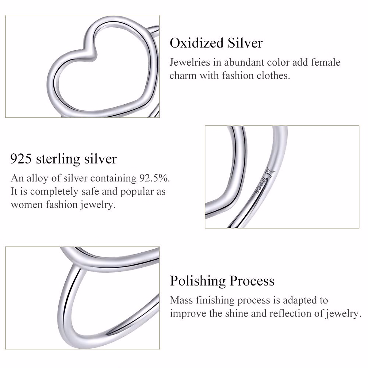 MUNDELL Sterling Silver 925 Simple Minimalist Heart Finger Rings for Women Wedding Engagement Statement Jewelry