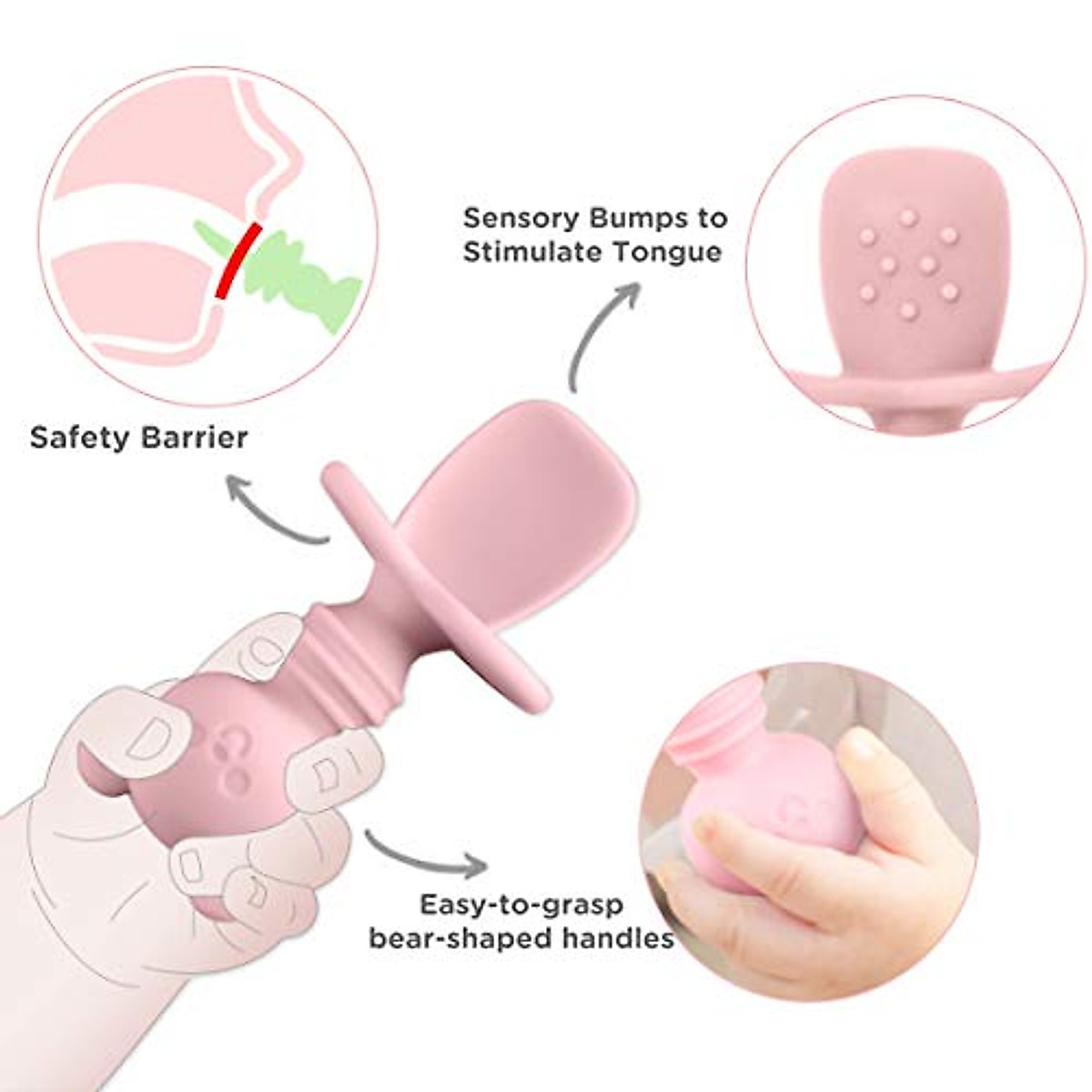 Baby Fork and Spoon Set, Silicone Self Feeding Utensil Easy Grip Toddler Cutlery Kit with Carry Case BPA-Free Anti-Choke for Infant Toddler Children First Led Training Weaning, 6-12 Month (Pink)