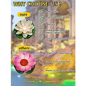12 Pcs Floating Pool Lights Lotus Floating Lanterns LED Lifelike Floating Lamp Battery Operated Lily Pad Flower Candle Fun Pool Accessories for Pond Decor, Yellow Light (White, 3.94 Inch)