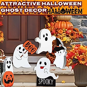 5 Pcs Halloween Wooden Decor Cute Ghost Halloween Tiered Tray Decorations Set Mini Ghost Kit Pumpkin Blocks for Indoor, Desk, Fireplace, Kitchen, Shelf Display, Table