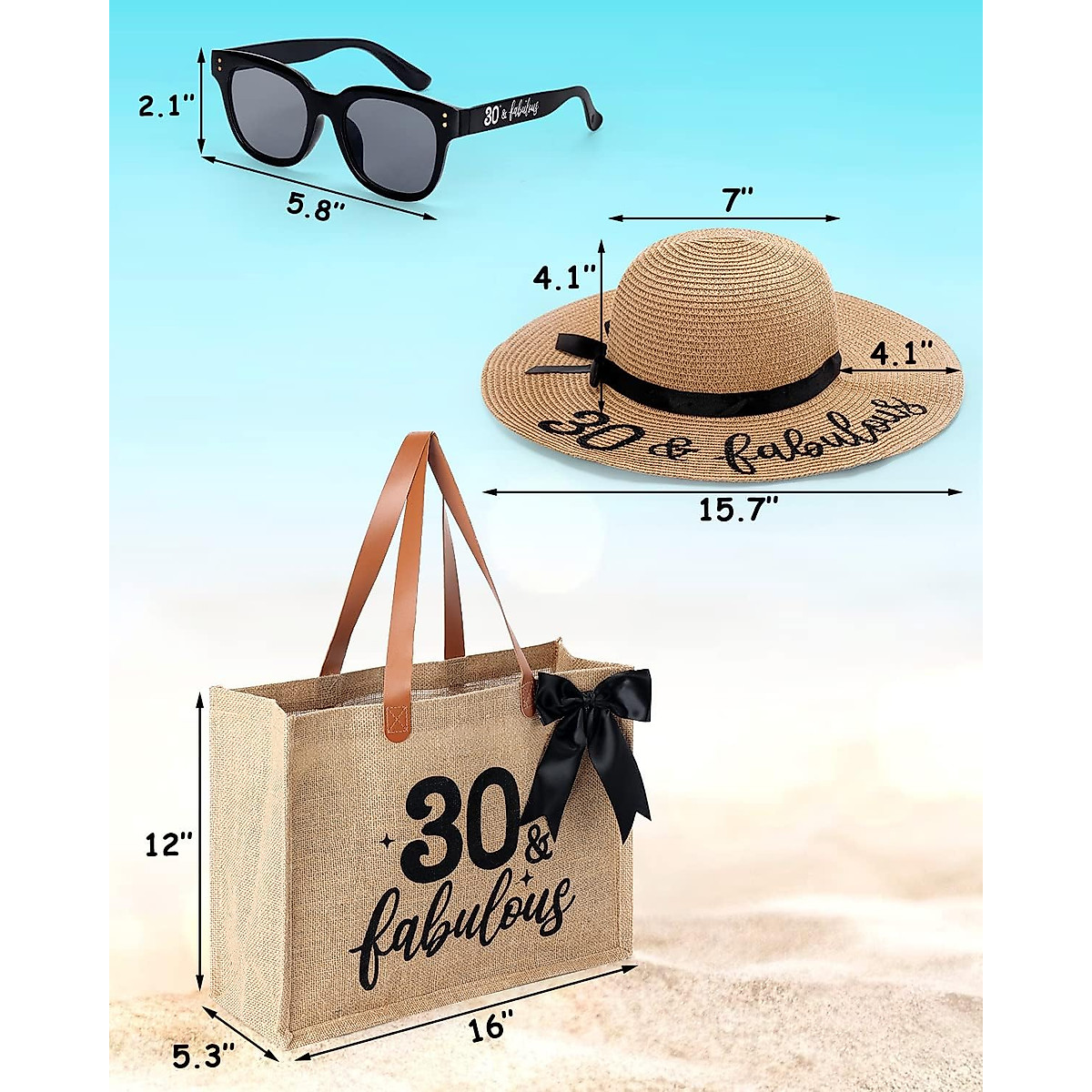 Percozzi 30th Birthday Gifts Her Tote Bag 30 & fabulous Hat and Glasses Summer Beach Party Vacation Supplies Straw Sun Black Decorations Set of 3