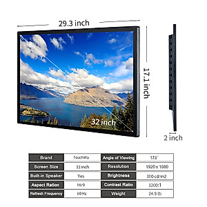 TouchWo 32 inch Capacitive Multi-Touch Screen Industrial Monitor, 16:9 Display 1920 x 1080P, Built-in Speakers, USB, VGA, DVI & HD-MI Ports, Digital Signage Displays and Player for Advertising