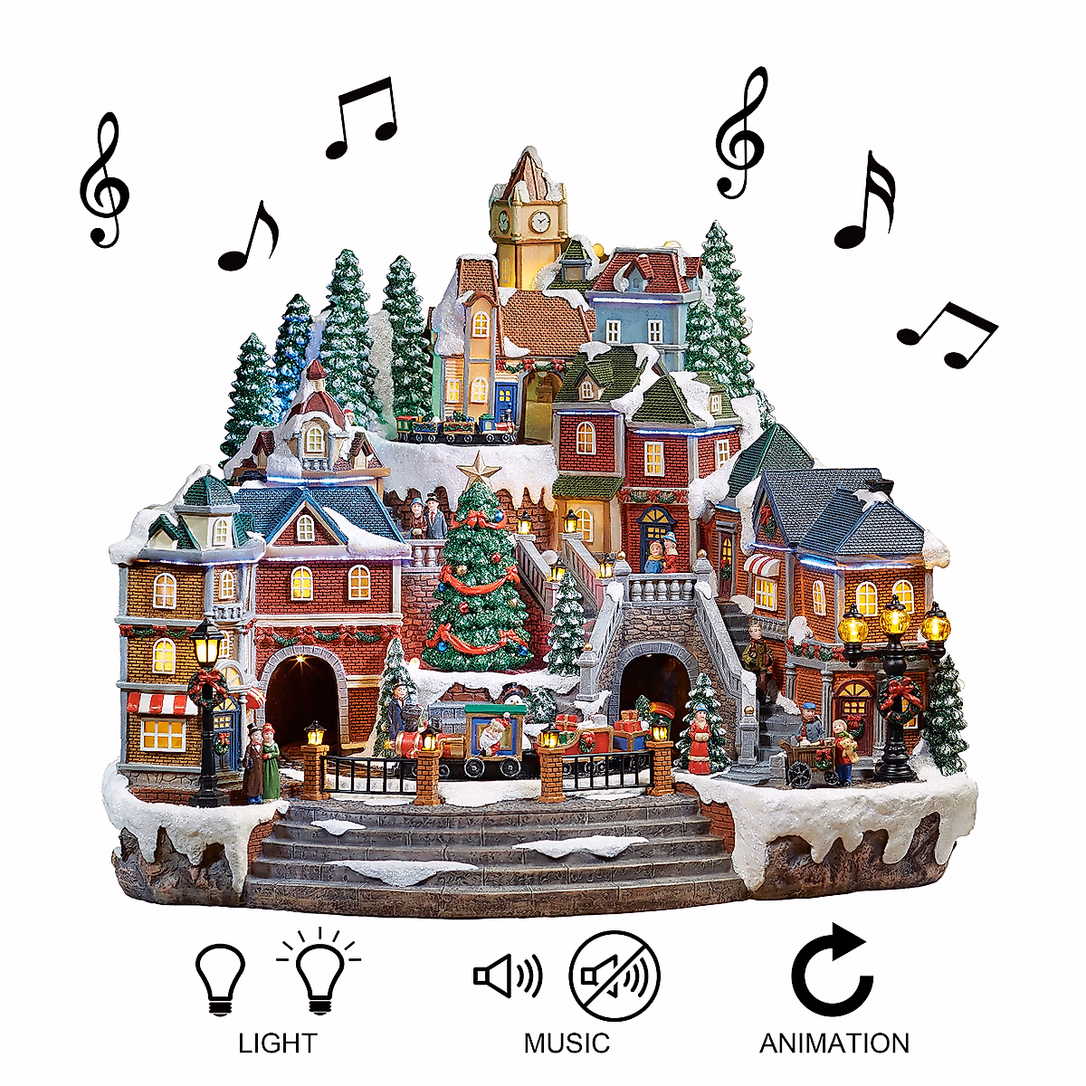 Christmas Village Centerpiece Decor, Tiered Village Town Center, with Rotating Train and Village Buildings, featuring LED Lights, Christmas Music, and Animation - Power Adapter (included)