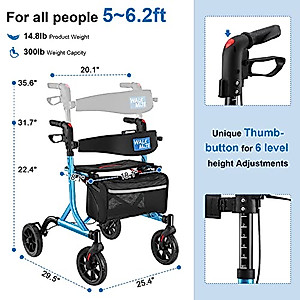 WALK MATE Rollator Walker for Seniors with Cup Holder, Upgraded Thumb Press Button for Height Adjustment, 4 x 8" Wheels Walker with Seat Padded Backrest Folding Lightweight Walking Aid, Blue