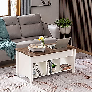 VINGLI Lift Top Coffee Table, White Coffee Table with Lift Top, Lift Up Coffee Table with Storage Shelf/Hidden Compartment, Gas Lift Coffee Table Mesa De Centro para Sala Pop Up Coffee Table